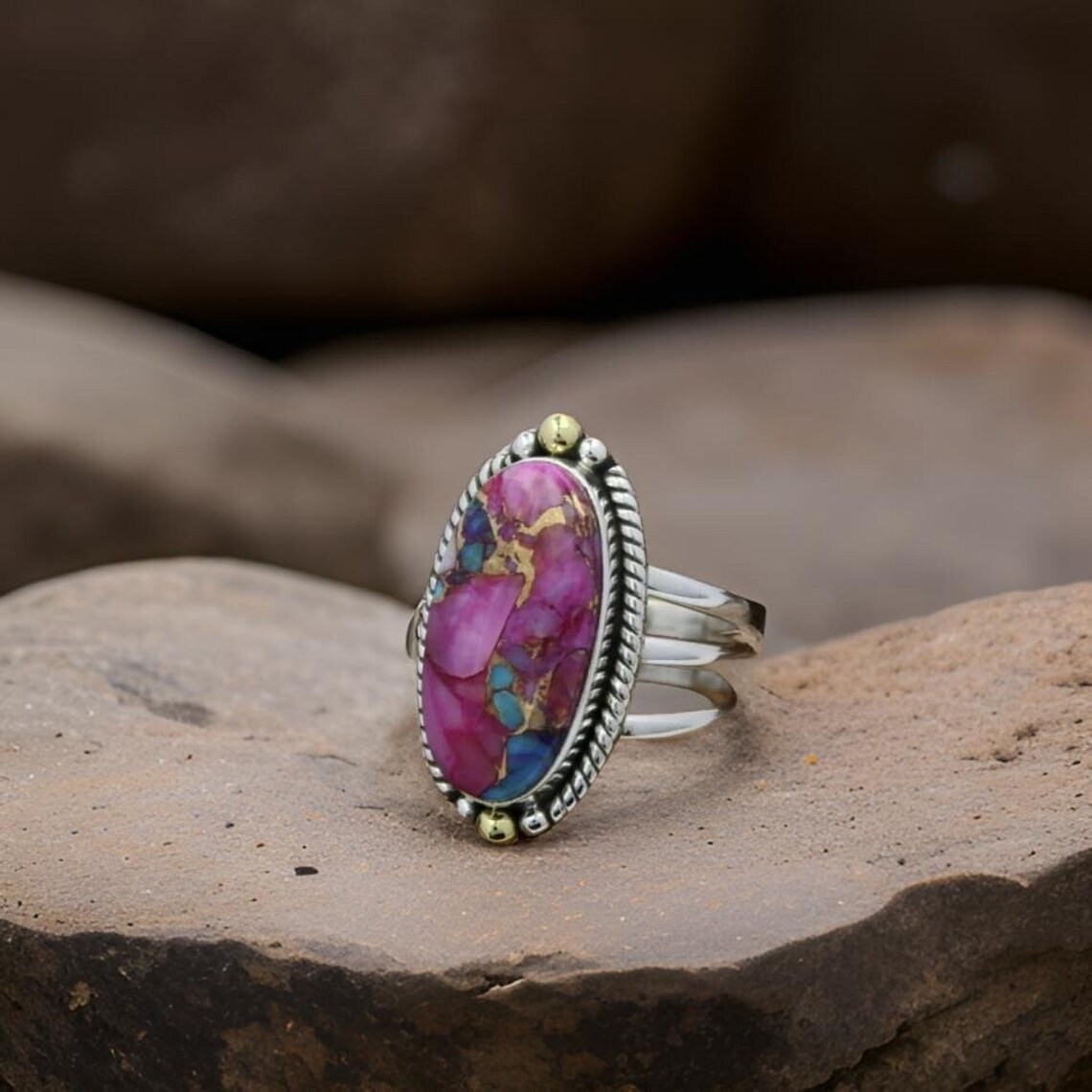 Pink Turquoise Ring, Handmade Silver Band, Kingman Pink Dahlia ...