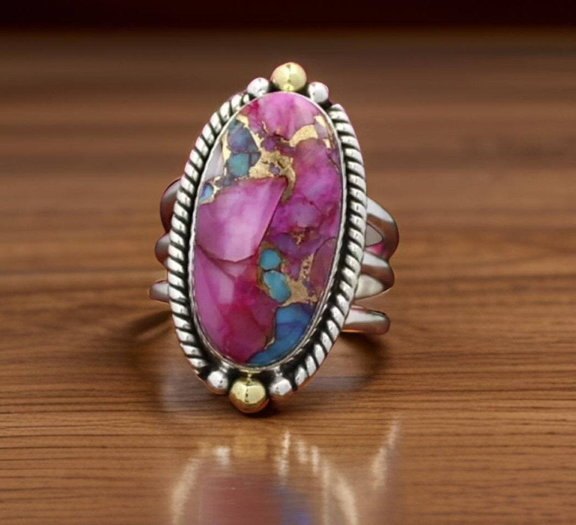 Pink Turquoise Ring, Handmade Silver Band, Kingman Pink Dahlia ...