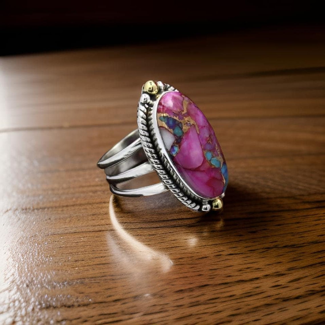 Pink Turquoise Ring, Handmade Silver Band, Kingman Pink Dahlia ...