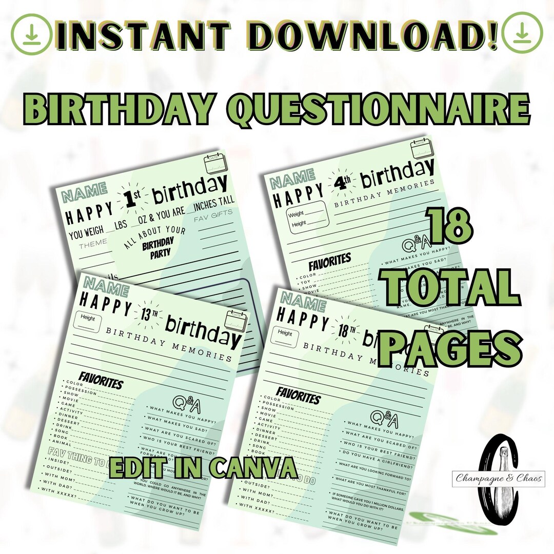 Birthday Questionnaire // Milestone Memories // Boy Birthday // Instant ...