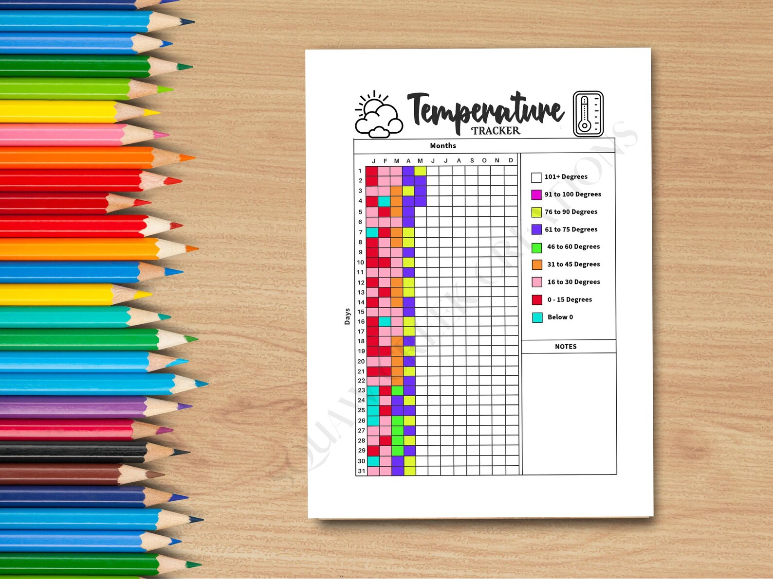 Temperature Tracker Journal PRINTABLE Page Year in Pixels - Temperature ...