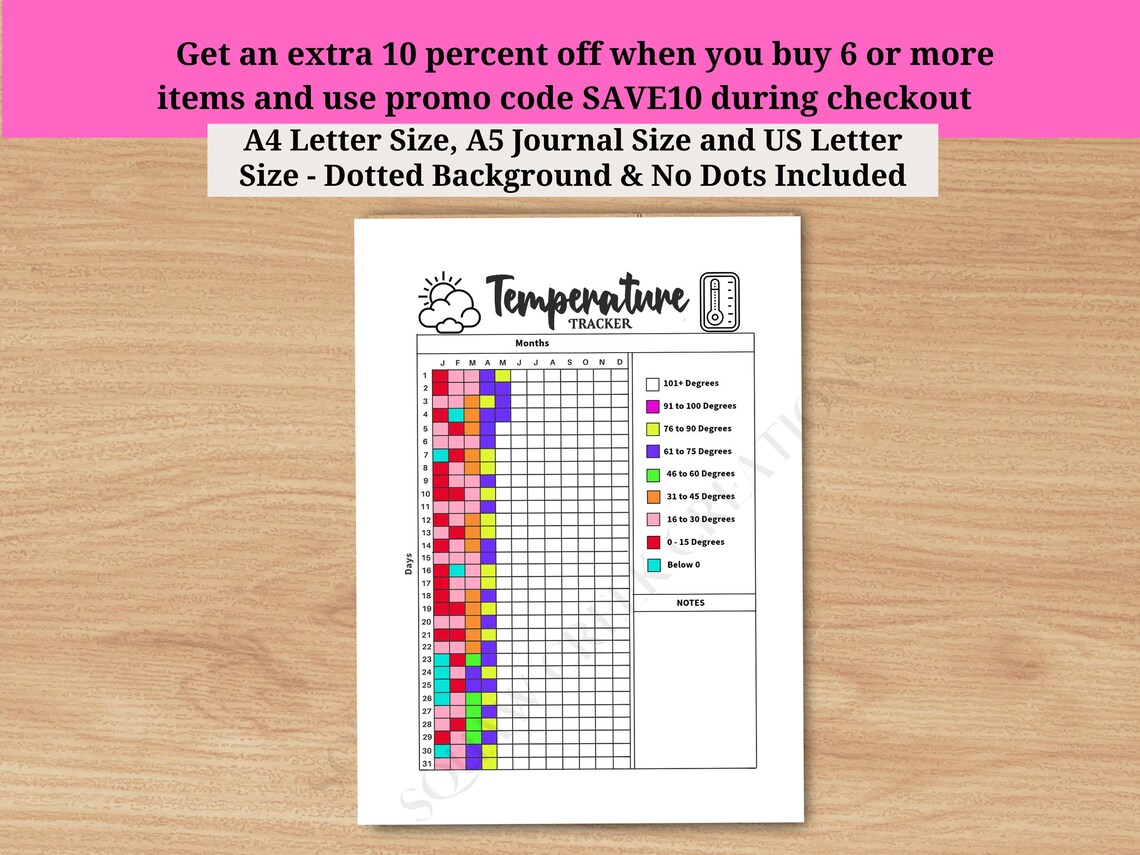 Temperature Tracker Journal PRINTABLE Page Year in Pixels - Temperature ...