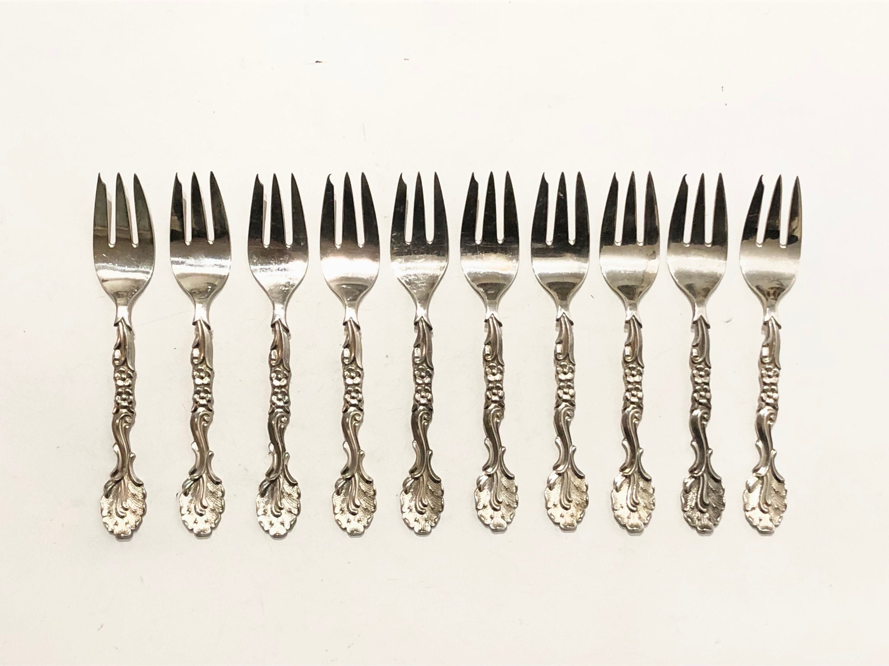 Set of Ten Rare and Elegant Silver Cake Forks With Floral Pattern ...