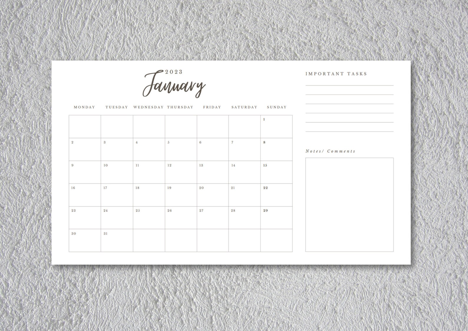 2023 Monthly Calendar, Minimalist Monthly Landscape Calendar, Printable ...