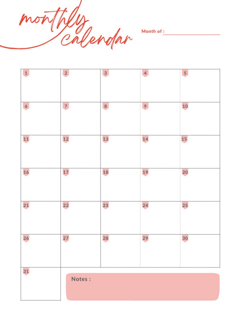 Digital Monthly Calendar, Printable and Fillable PNG - Etsy