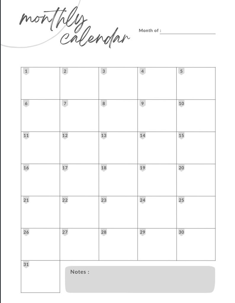 Digital Monthly Calendar, Printable and Fillable PNG - Etsy