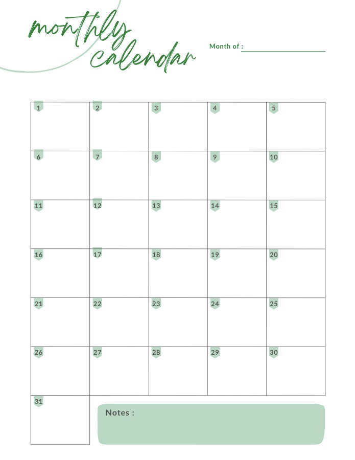 Digital Monthly Calendar, Printable and Fillable PNG - Etsy