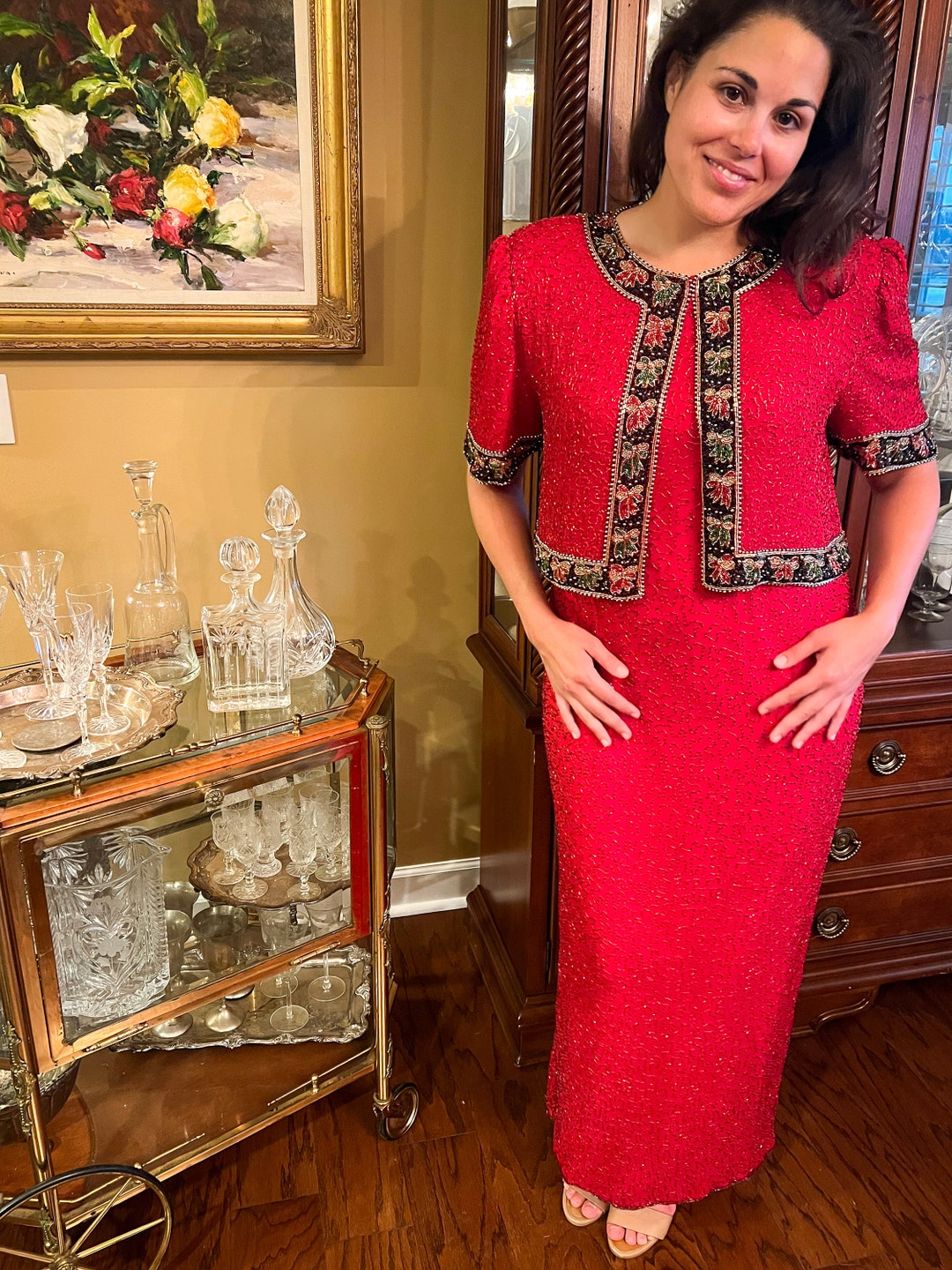 Incredible Red Beaded Gown by Lawrence Kazar - Etsy