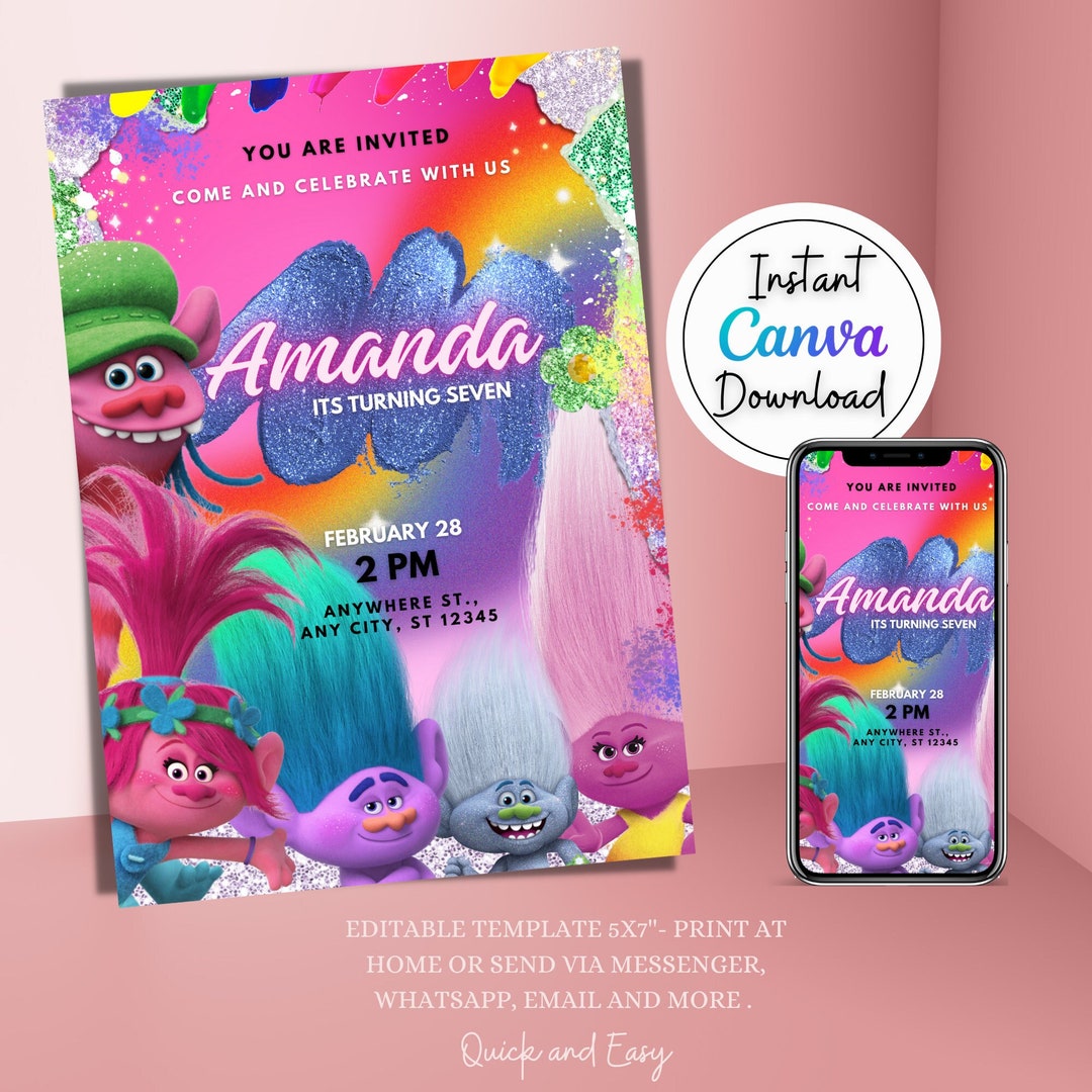 Trolls Editable Theme Party Invitation - Etsy