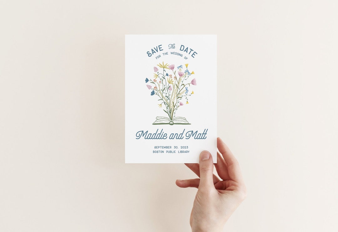 Floral Book Save the Date, Library Wedding Invites, Book-themed Save ...