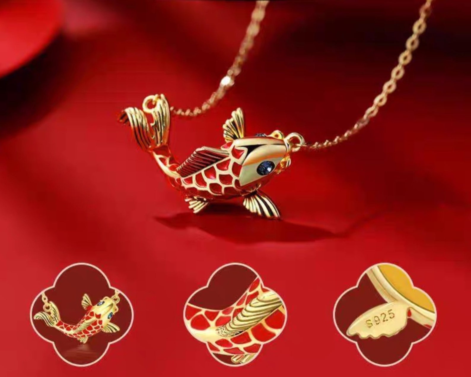 Gold Koi Fish Pendent Necklace, SS925 Silver Good Fortune Necklace, Red ...