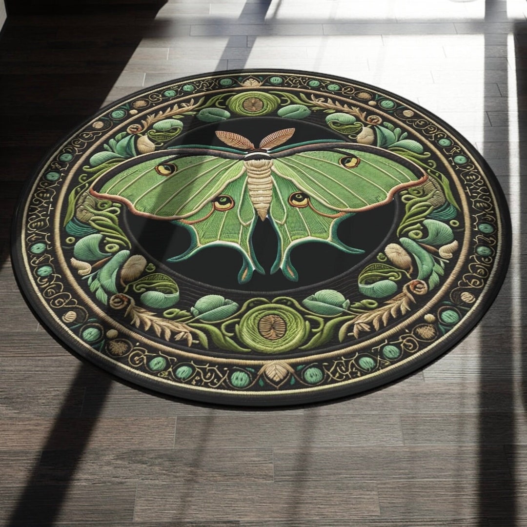 Botanical Green Luna Moth Round Rug Dark Cottagecore Home Decor Gothic ...