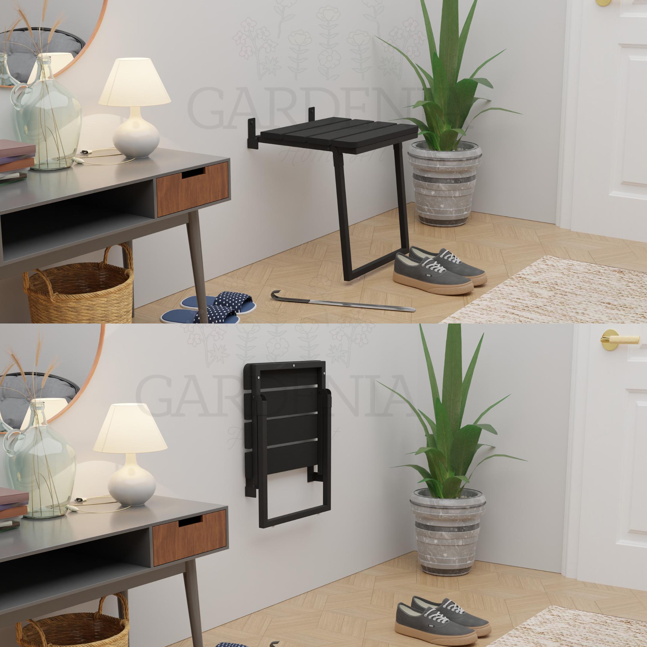Easy Folding Black Teak Wood Wall-mounted Chair, Handmade Inside Bath ...