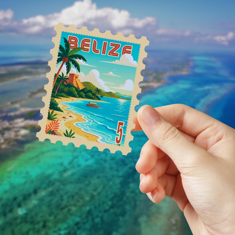Belize Travel Stamp Vinyl Sticker | Belize Shoreline Mayan Pyramid ...