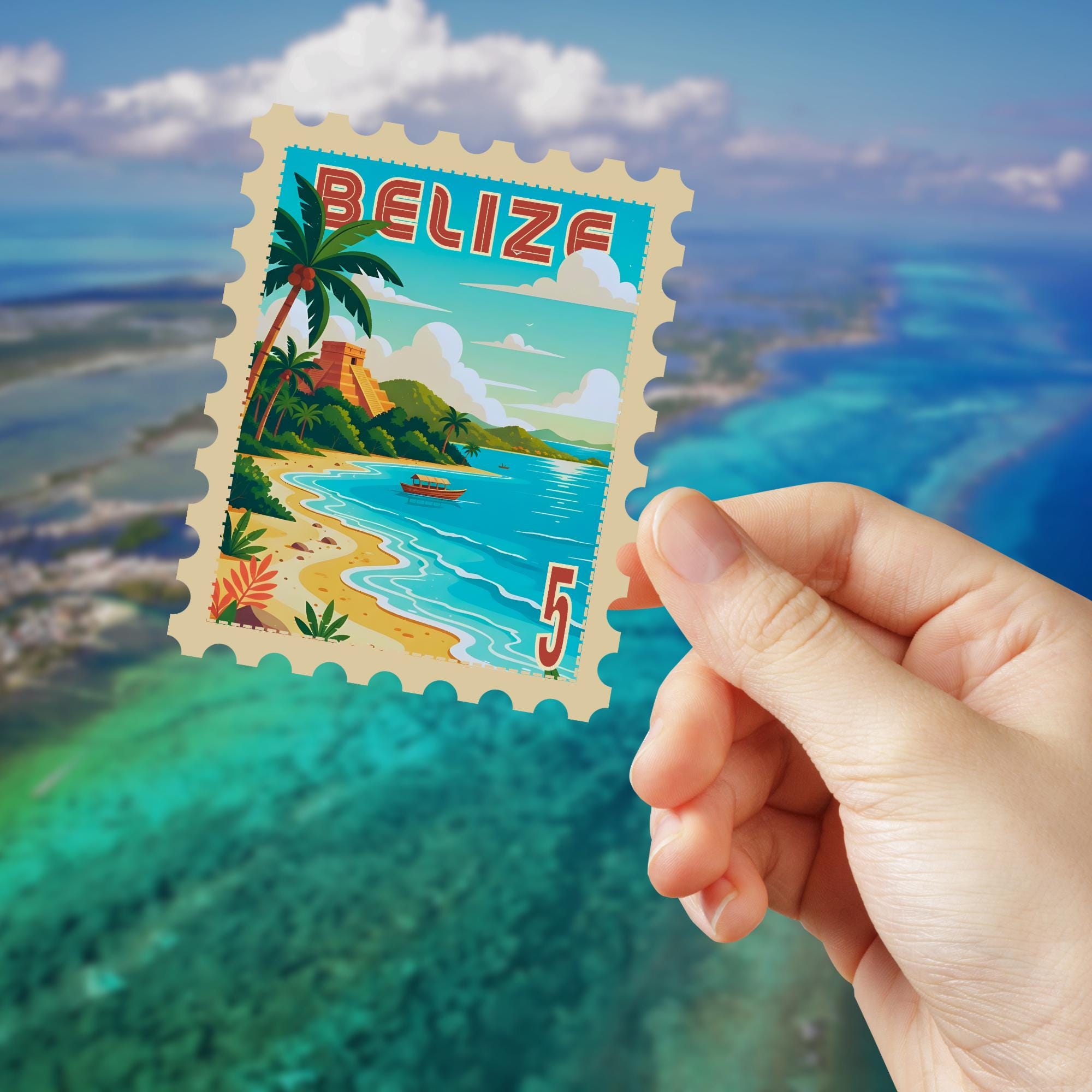 Belize Travel Stamp Vinyl Sticker | Belize Shoreline Mayan Pyramid ...