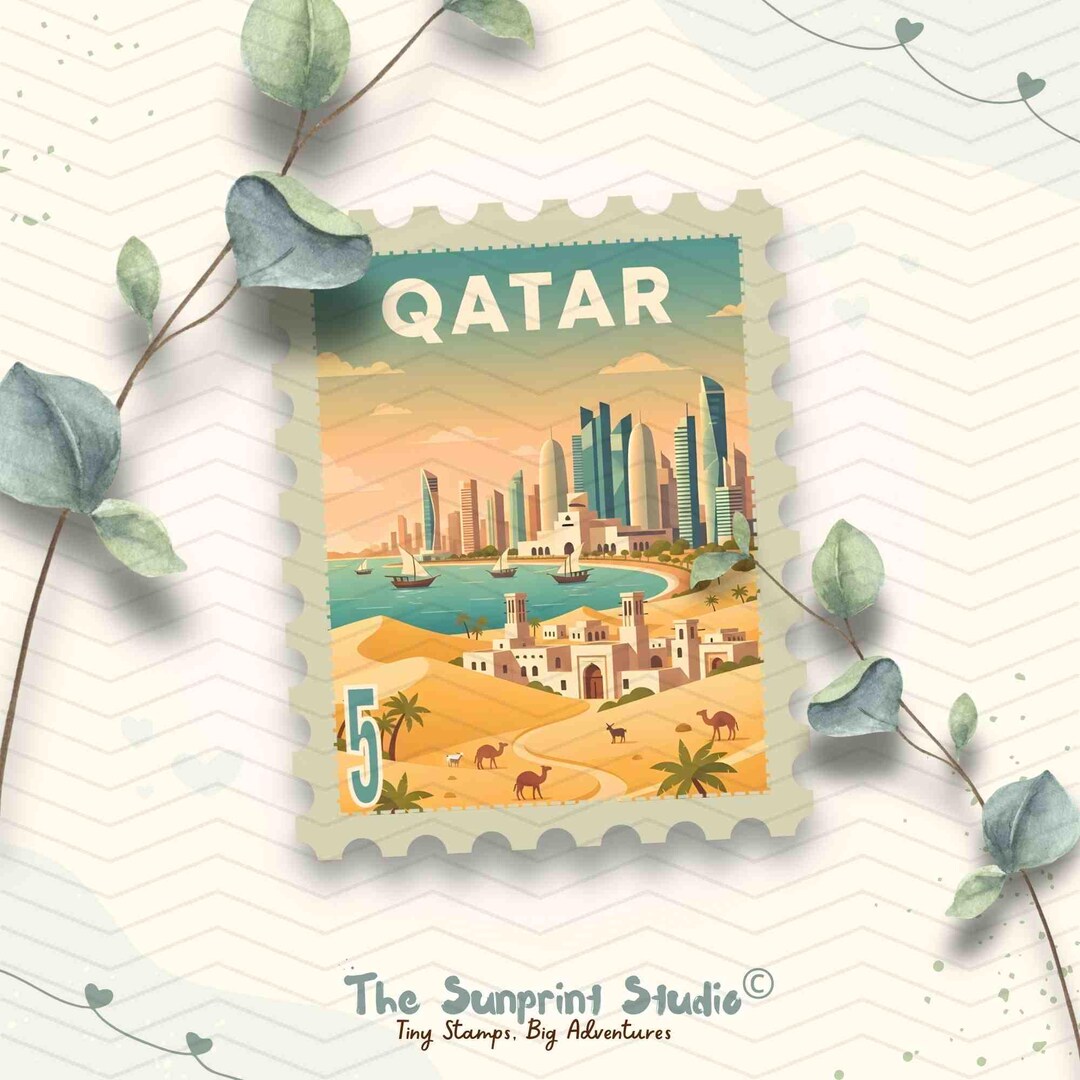 Qatar Travel Stamp Vinyl Sticker | Doha Qatar Skyline Stamp Sticker ...