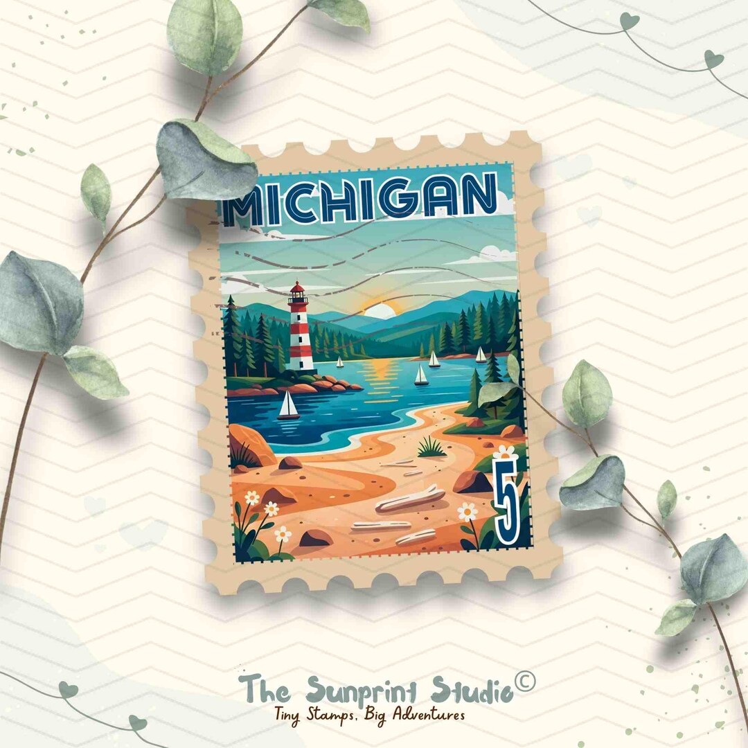 Michigan Travel Stamp Vinyl Travel Sticker | Lake Michigan Landscape ...
