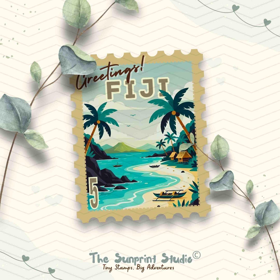 Fiji Travel Stamp Vinyl Sticker | Fiji Beach Landscape Stamp Sticker ...