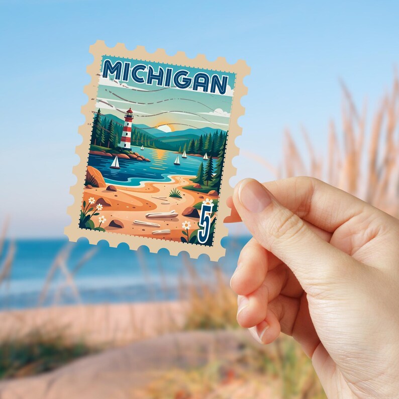 Michigan Travel Stamp Vinyl Travel Sticker | Lake Michigan Landscape ...
