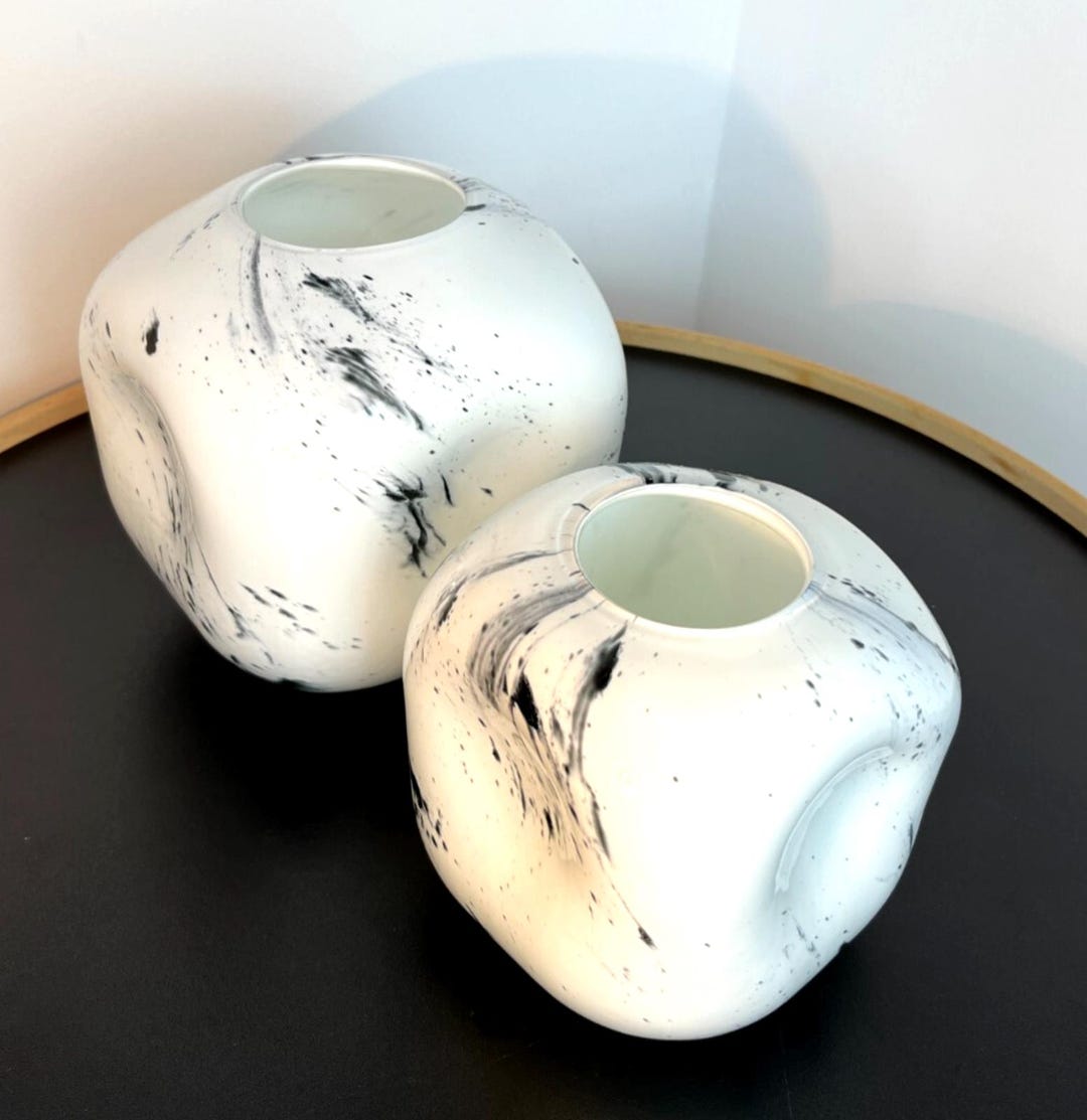 Pair of Cube Dimple Glass Vases in White Glass With Black Splash ...