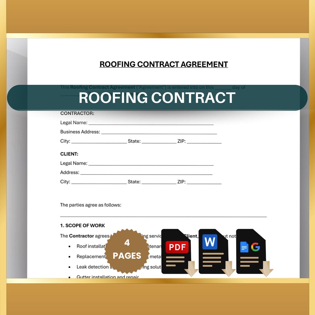 Editable Roofer Contract Template: Roofing Work Agreement (PDF, Word ...