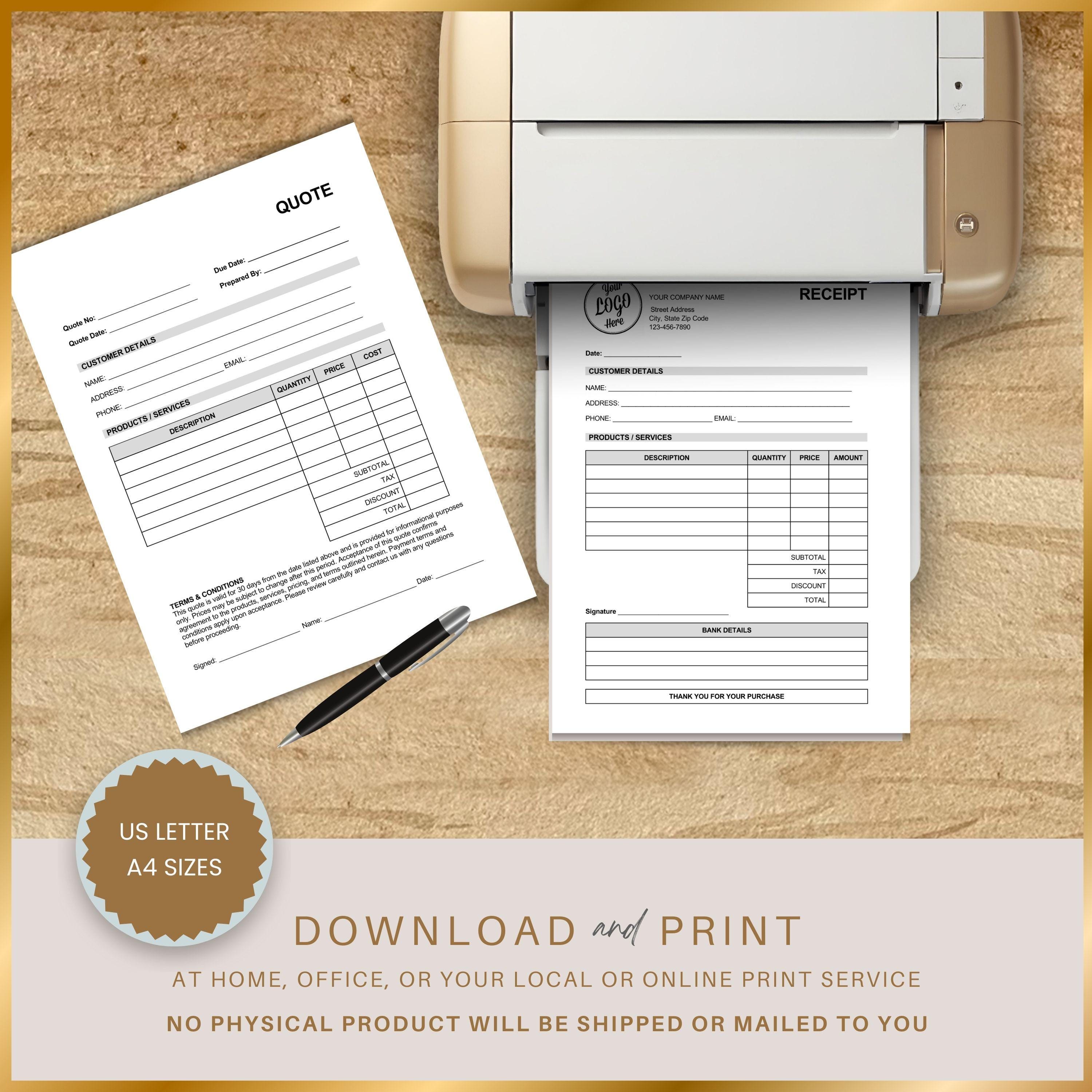 Quote, Invoice & Receipt Template Bundle (printable PDF, Editable Word ...