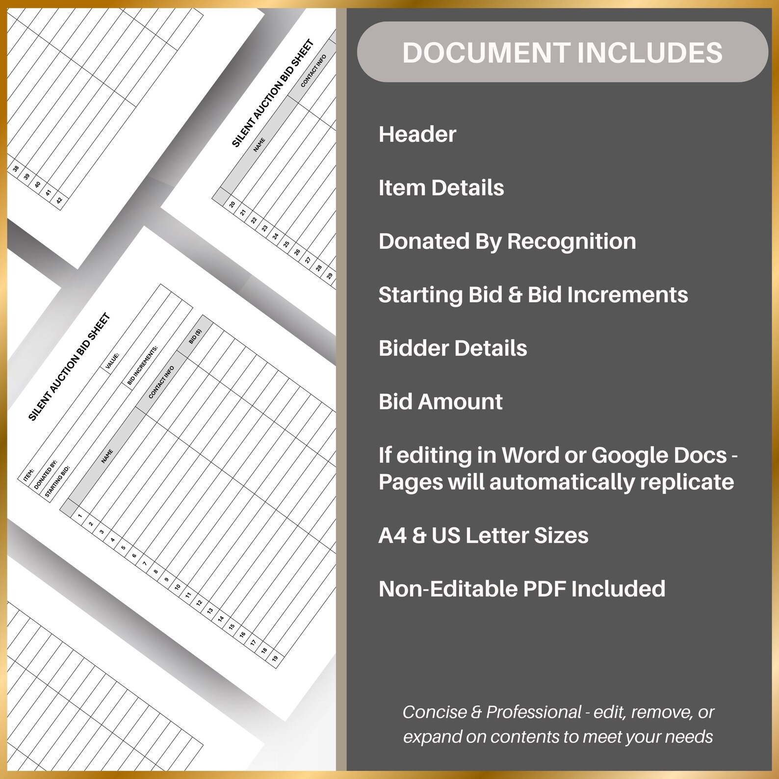 Silent Auction Bid Sheet Template, Bidding Form Record (printable PDF ...