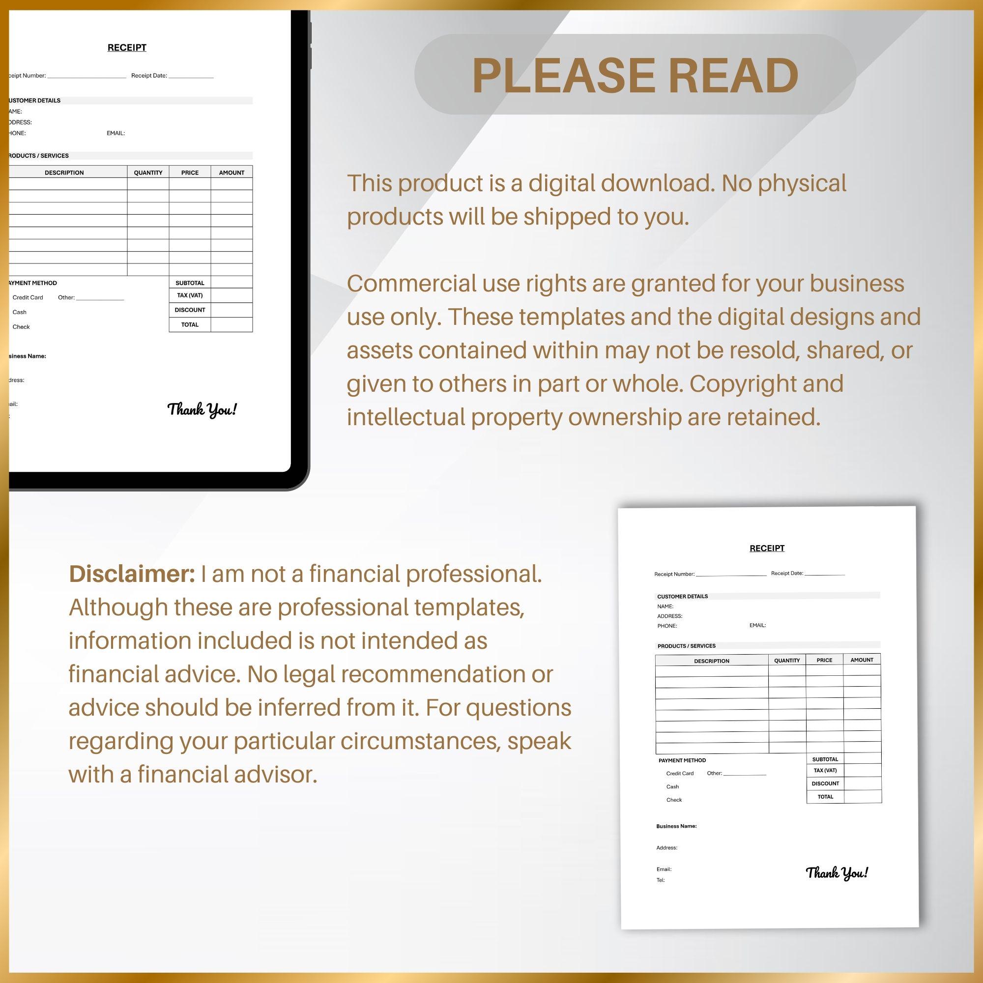 Receipt Template, Printable Business Receipt PDF, Invoice Receipt Form ...