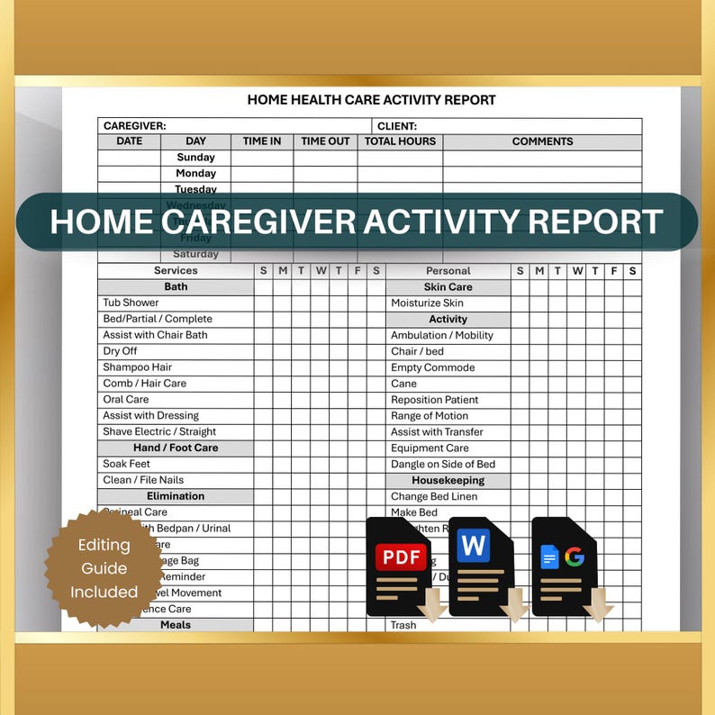 Home Health Caregiver Activity Report, Weekly Elder Care Checklist ...