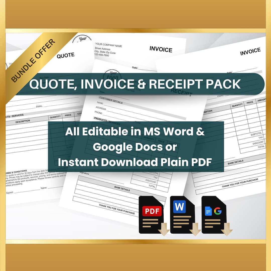 Quote, Invoice & Receipt Template Bundle | Editable Small Business ...