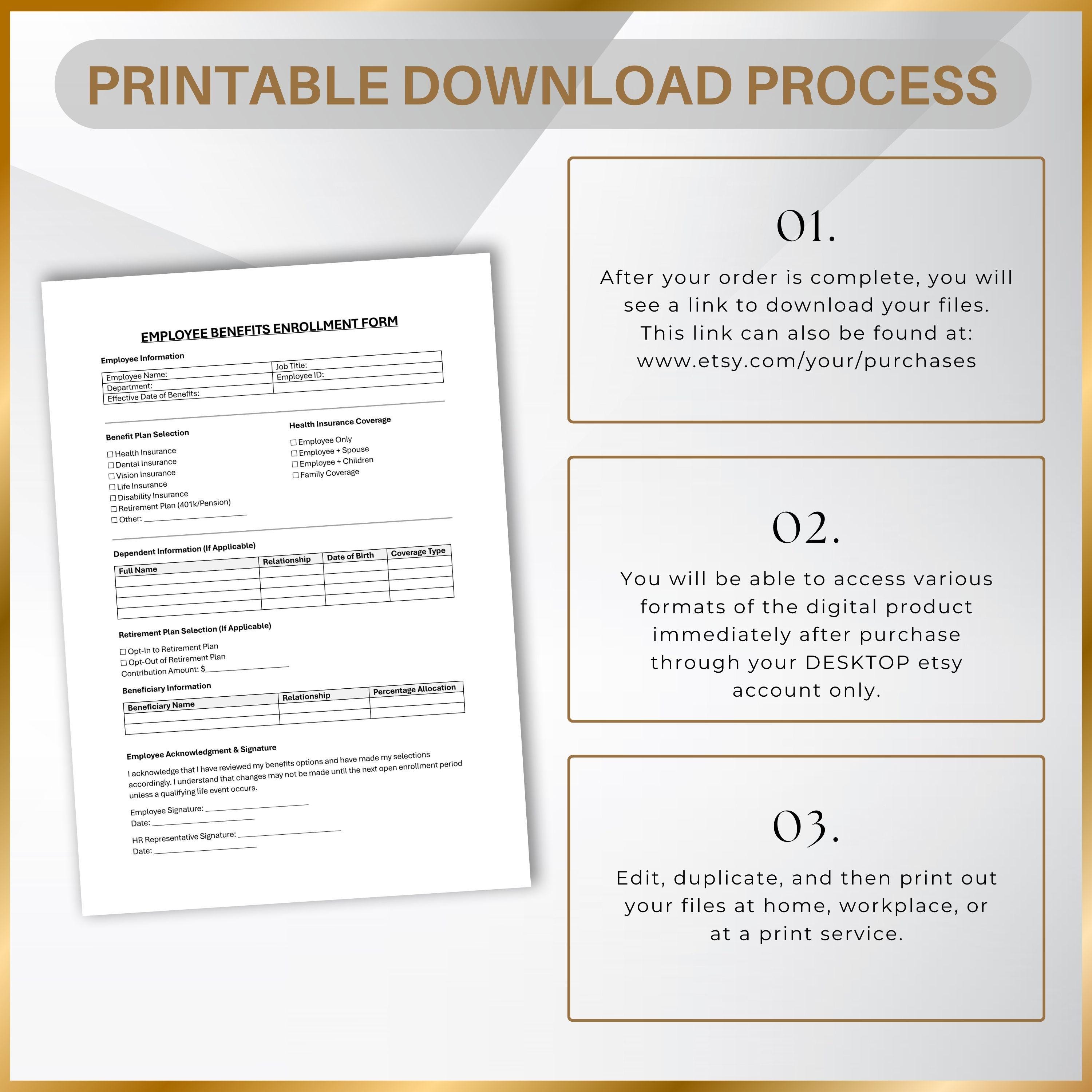 Employee Benefits Enrollment Form Template (word, PDF, Google Docs) - Etsy