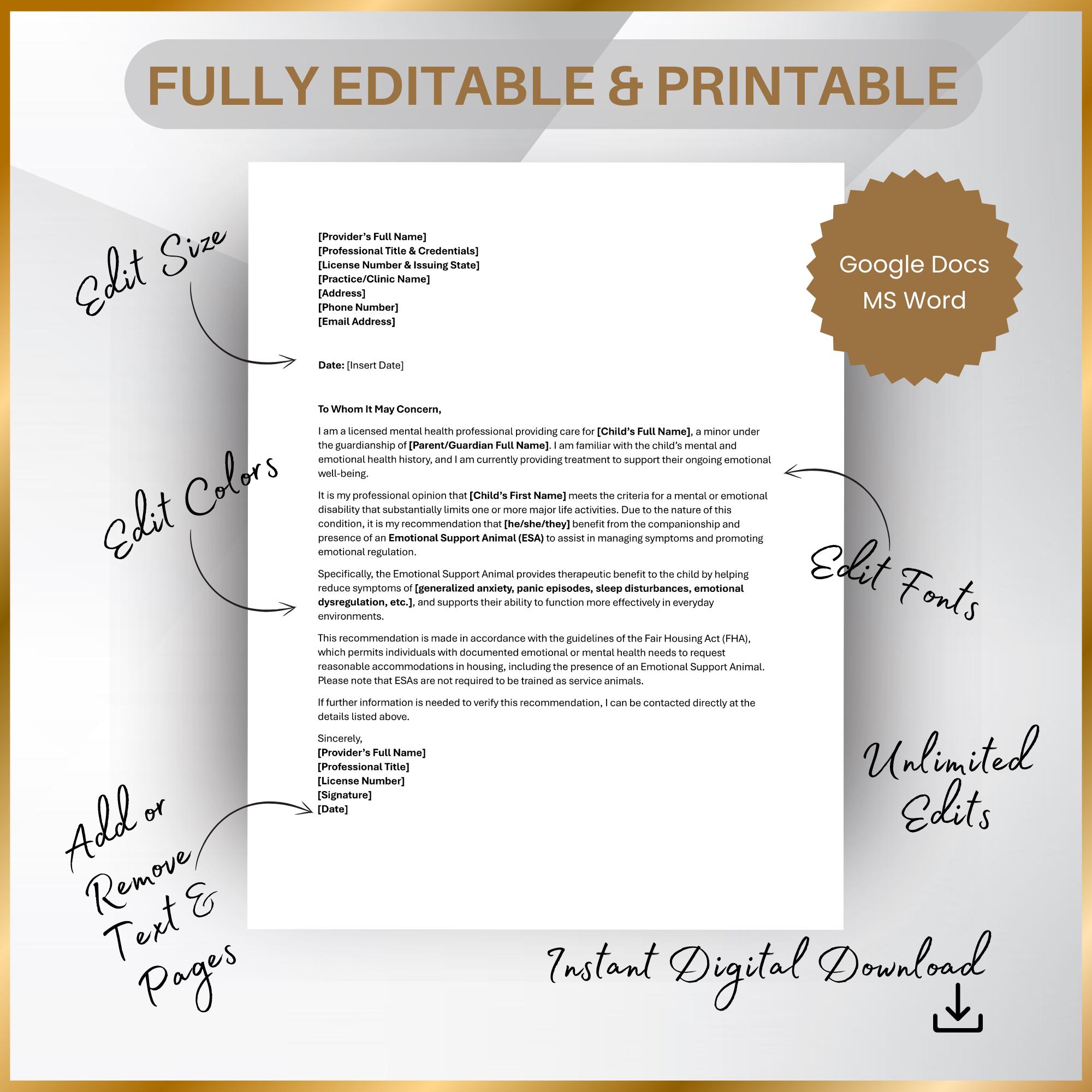 ESA Letter Template for Child | Companion Animal Letter for Minor ...