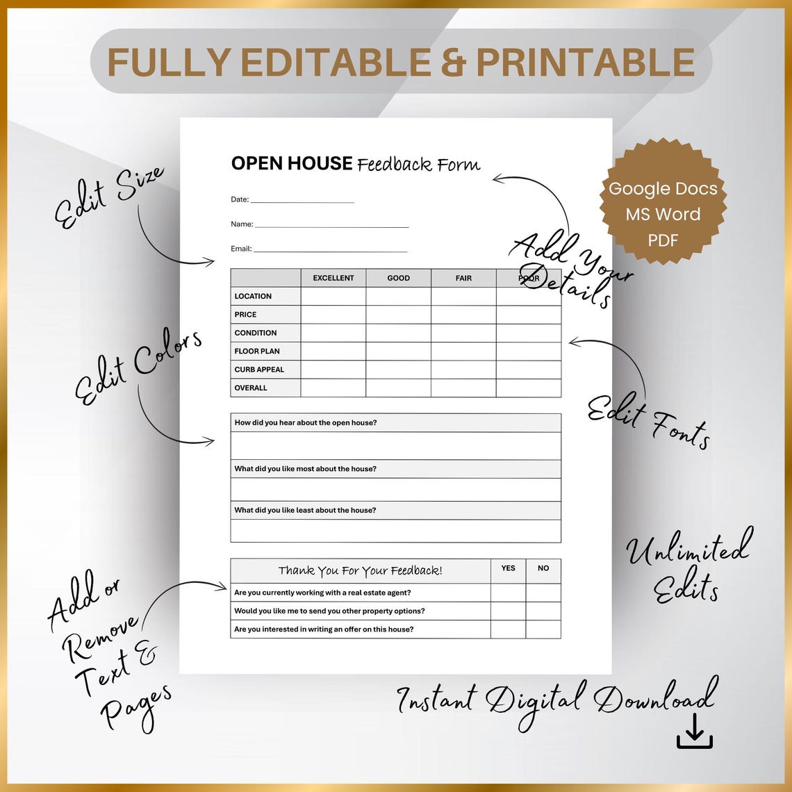Open House Feedback Form: Editable Realtor Survey (printable PDF, Word ...