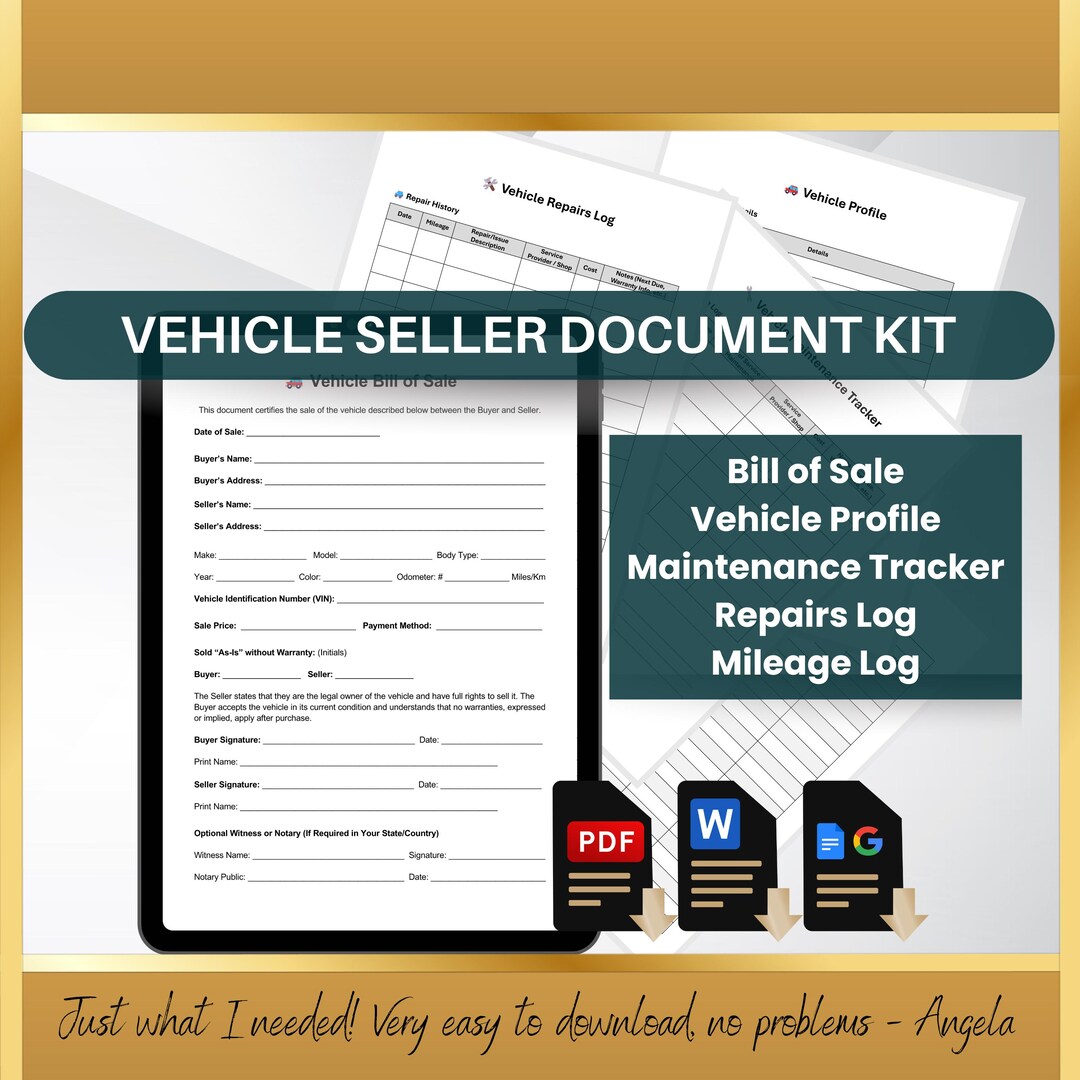 Vehicle Bill of Sale | Car Sale Form | Motor Seller Document Kit | Used ...