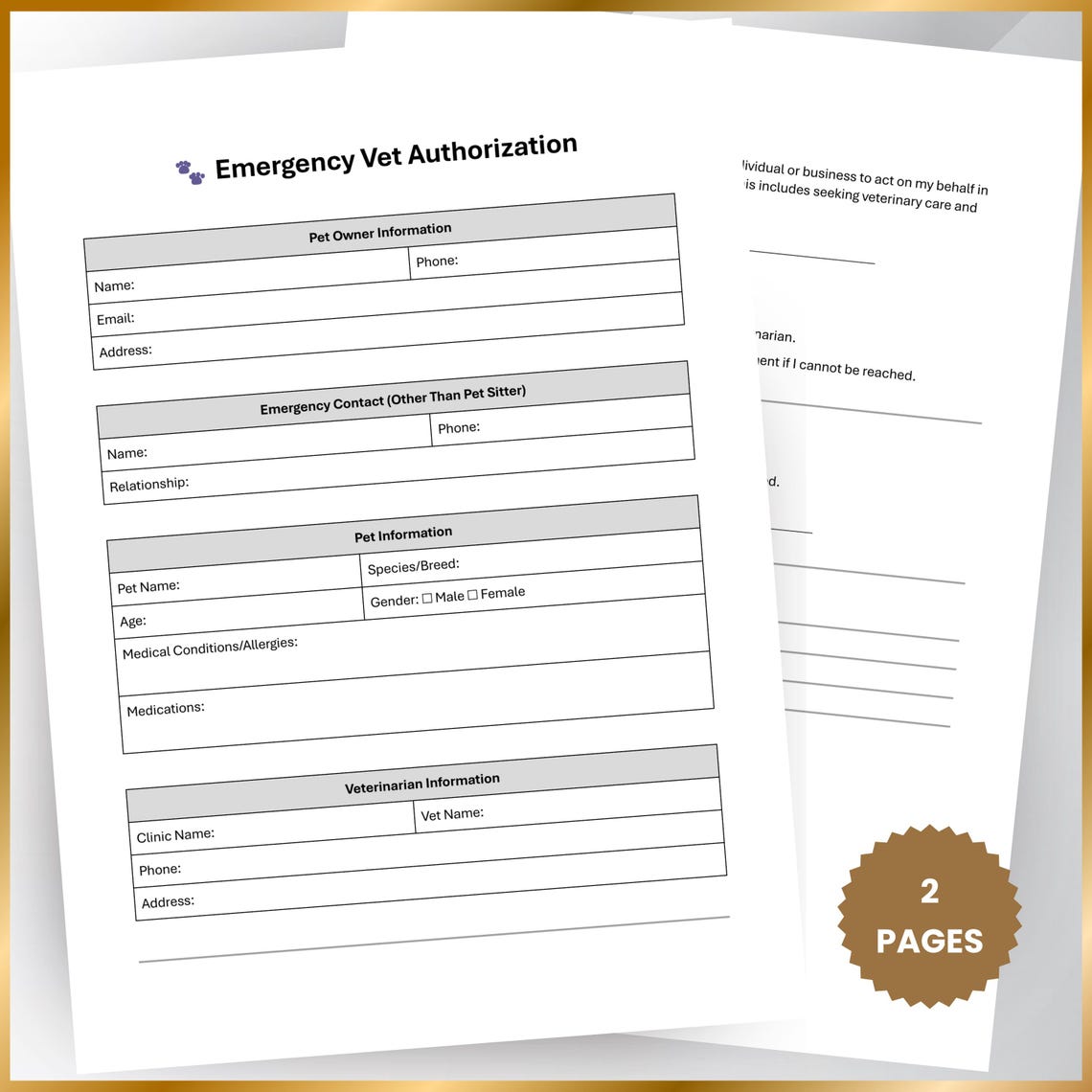 Emergency Vet Authorization Form: Pet Sitter Consent Template ...