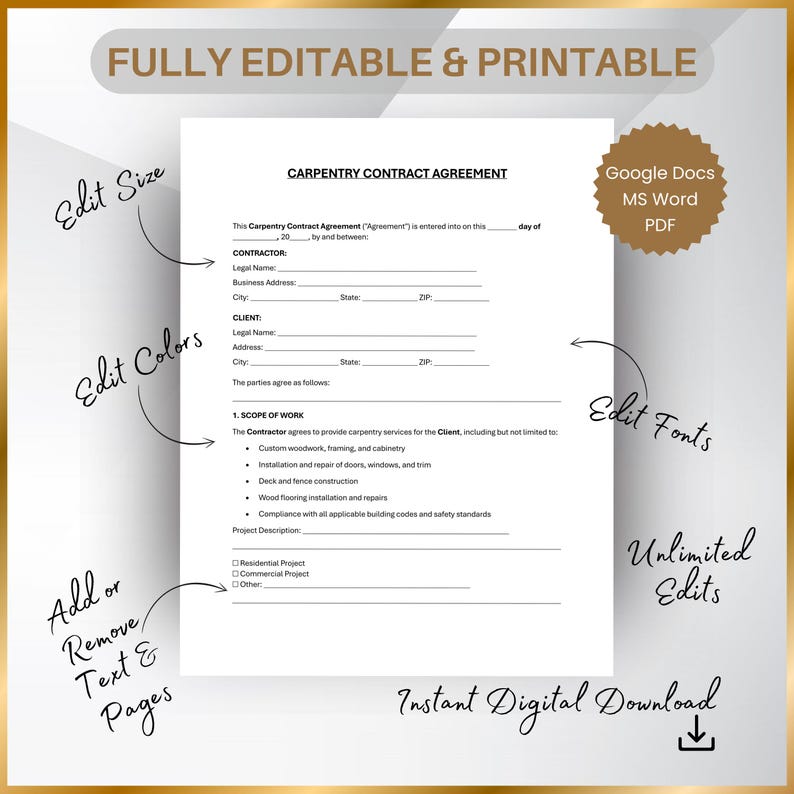 Carpenter Contract Template: Woodworking Carpentry Agreement for ...