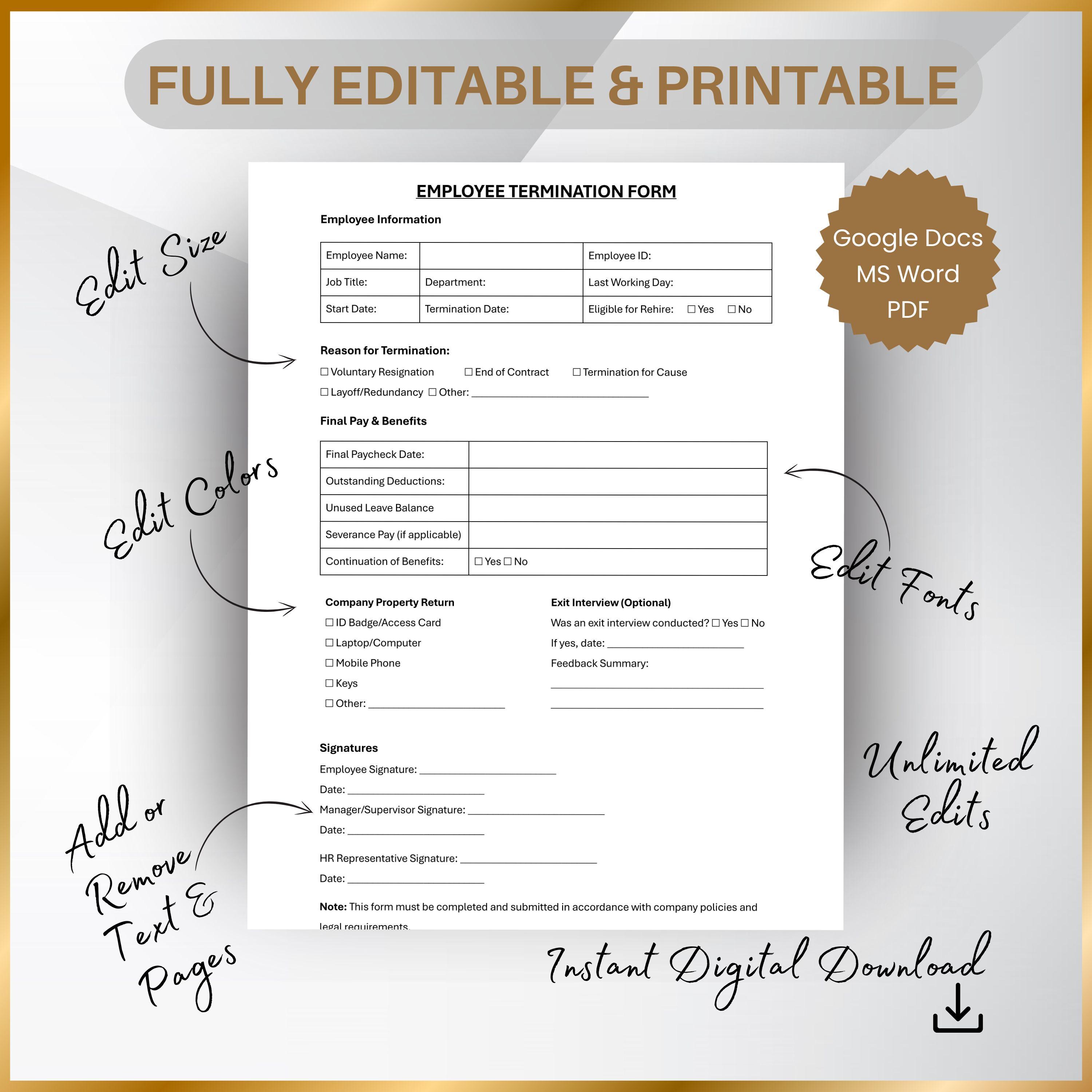Employee Termination Form: HR Offboarding Exit Document Template ...
