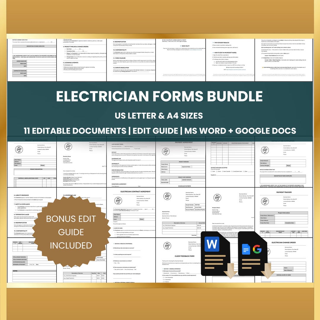 Electrician Contract Forms Bundle: Electrical Service Works Agreements ...