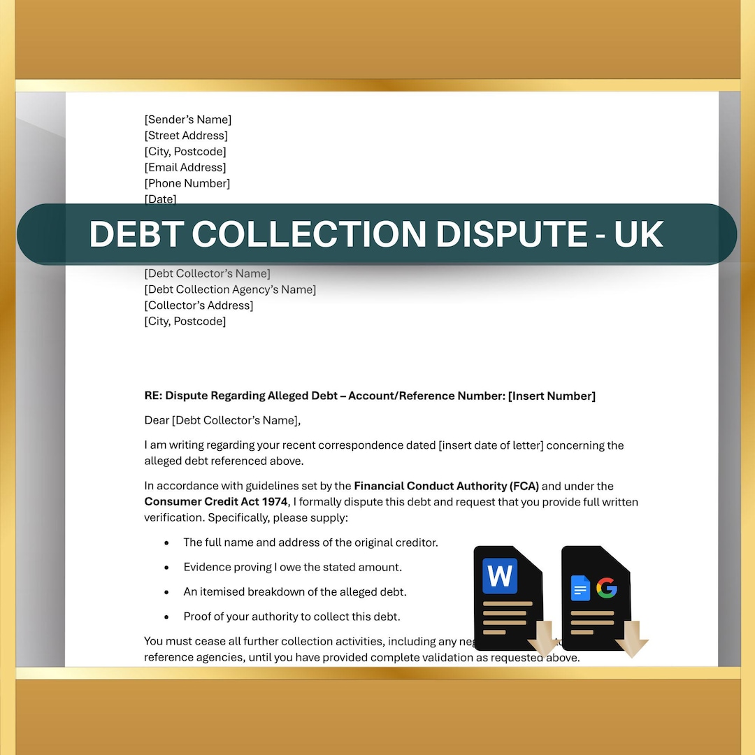 Debt Collection Dispute Letter, Debt Template UK, FCA Debt Validation ...