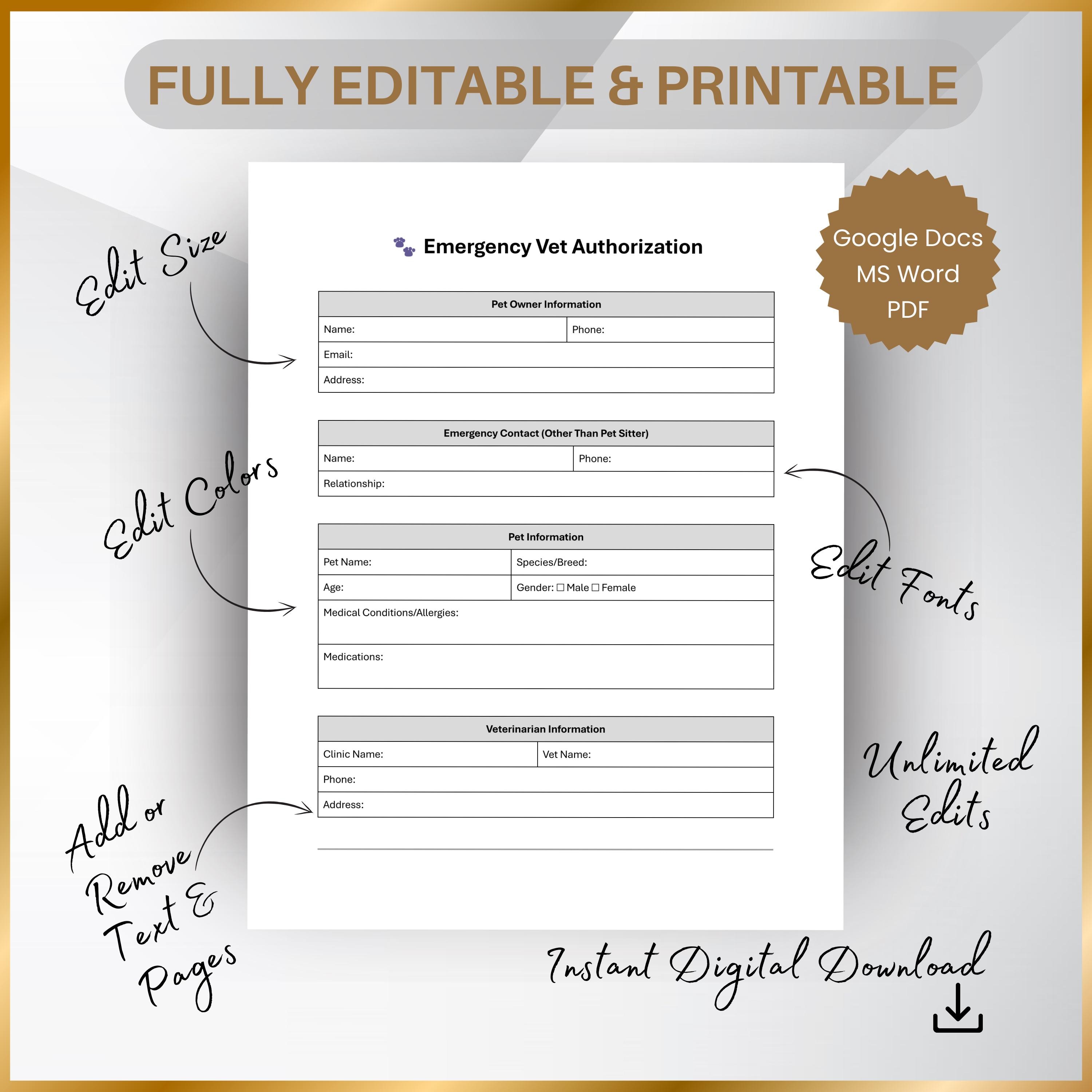 Emergency Vet Authorization Form: Pet Sitter Consent Template ...