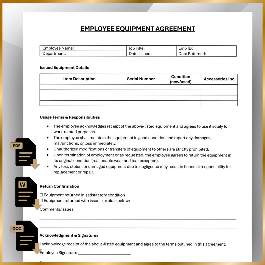 Employee Equipment Agreement, Workplace Asset Form, HR Business ...