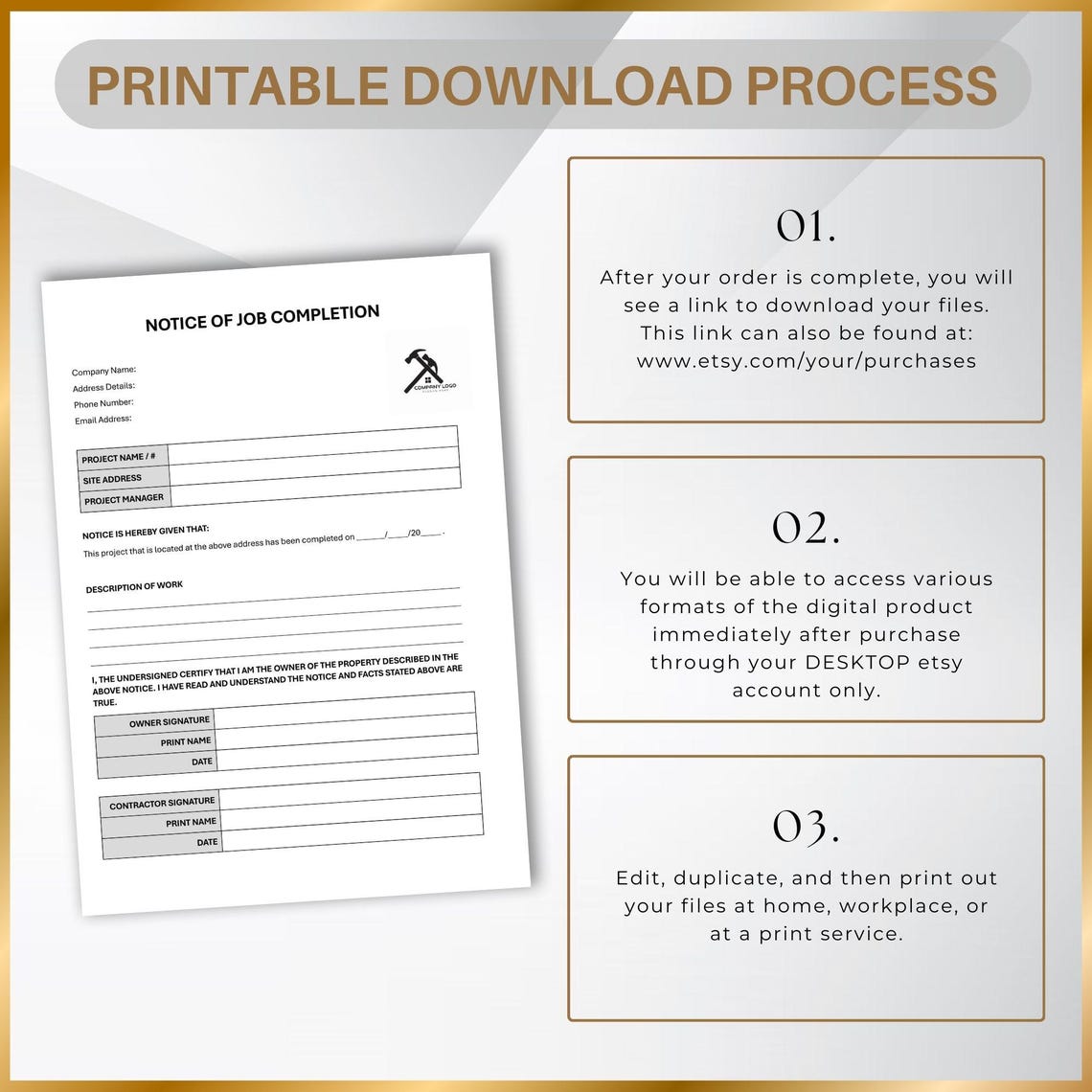 Notice of Job Completion, Construction Completion Form, Editable ...