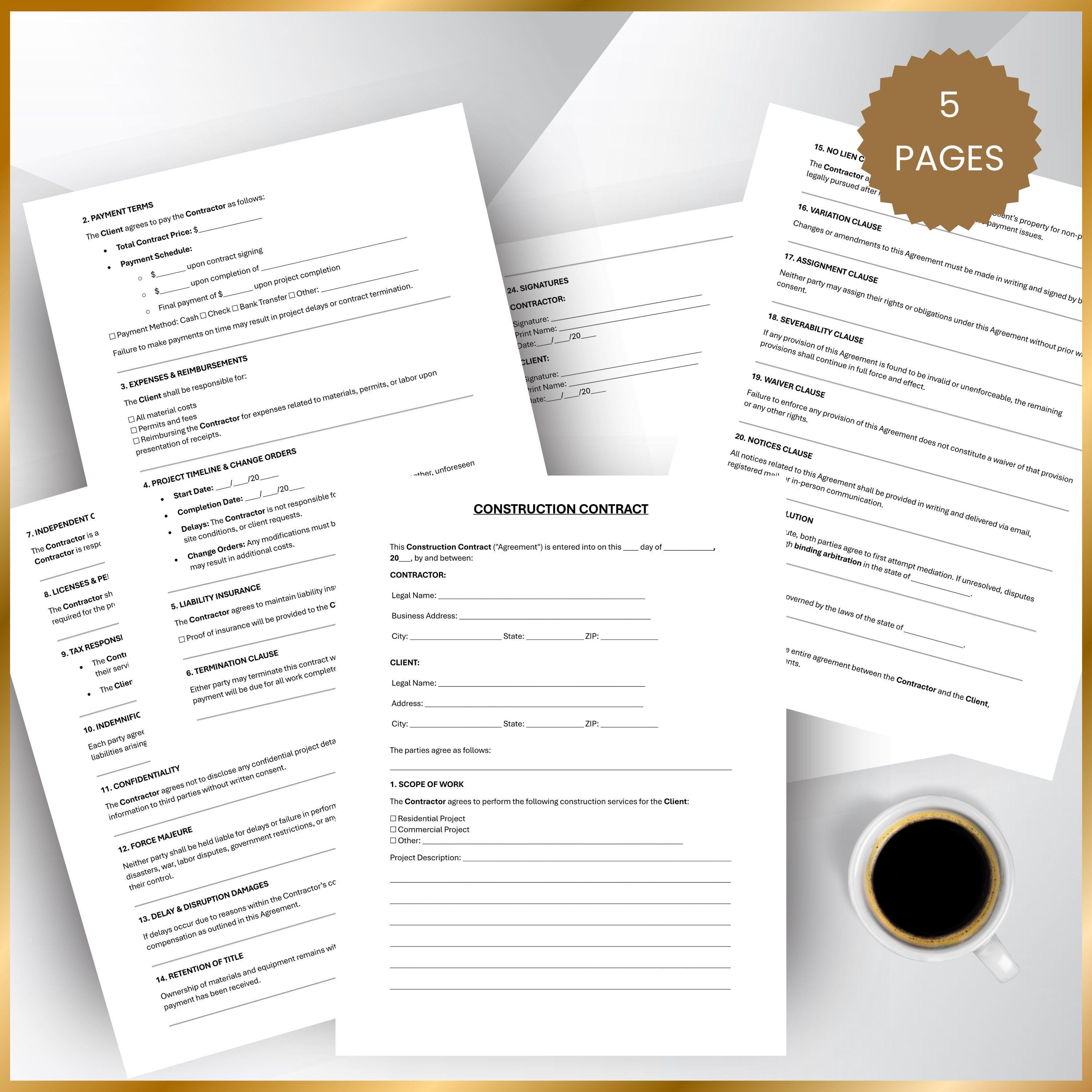 Construction Contract Agreement, Contractor Template. Residential ...