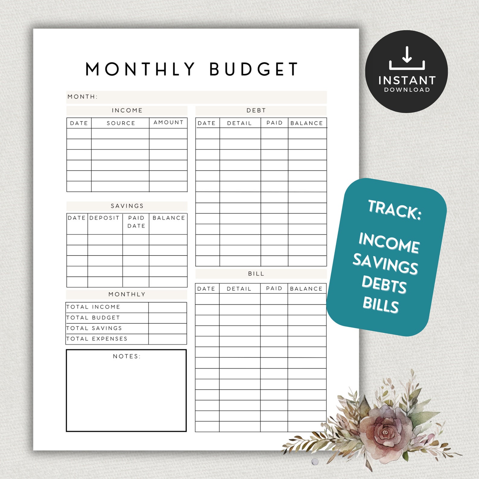 Monthly Budget Planner Printable Undated Financial Worksheet Personal ...