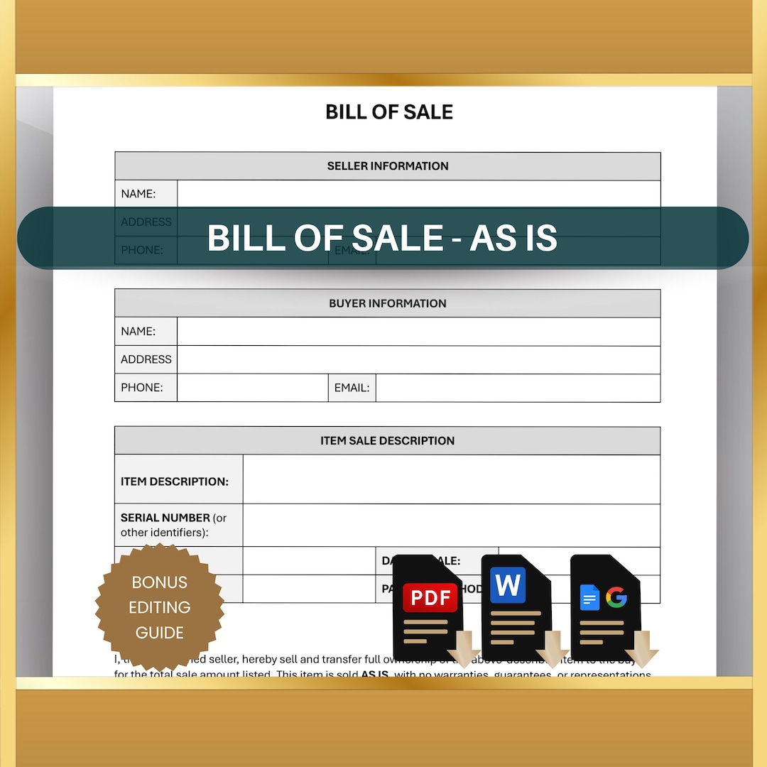 Bill of Sale as is Template | Bill of Sale Contract | Sell As-is Buyer ...