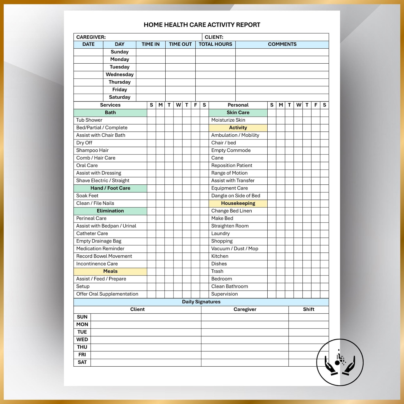 Caregiver Task Report Template: Home Health Care Checklist, Senior ...