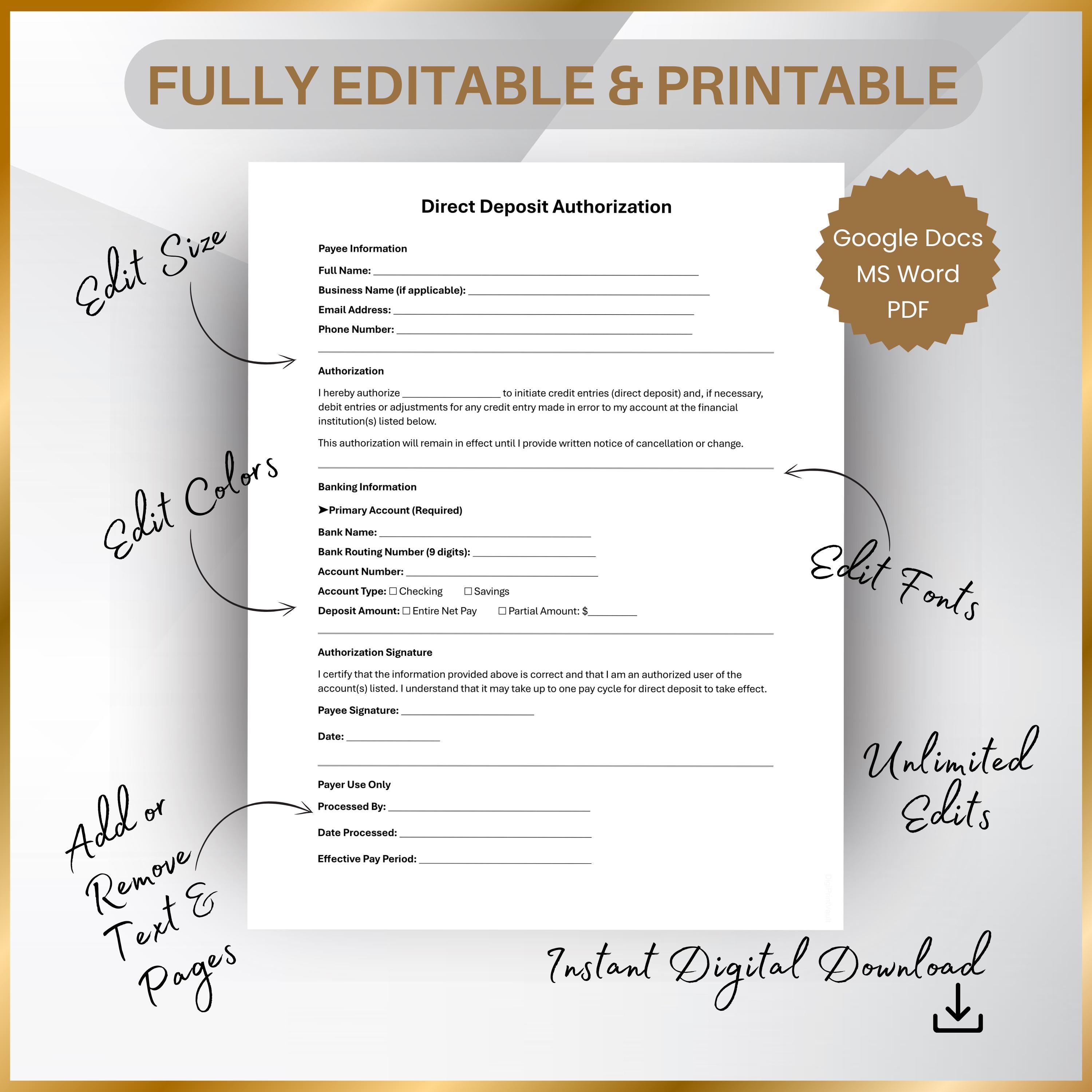 Direct Deposit Authorization Form | Bank Deposit Form, Authorize ACH ...