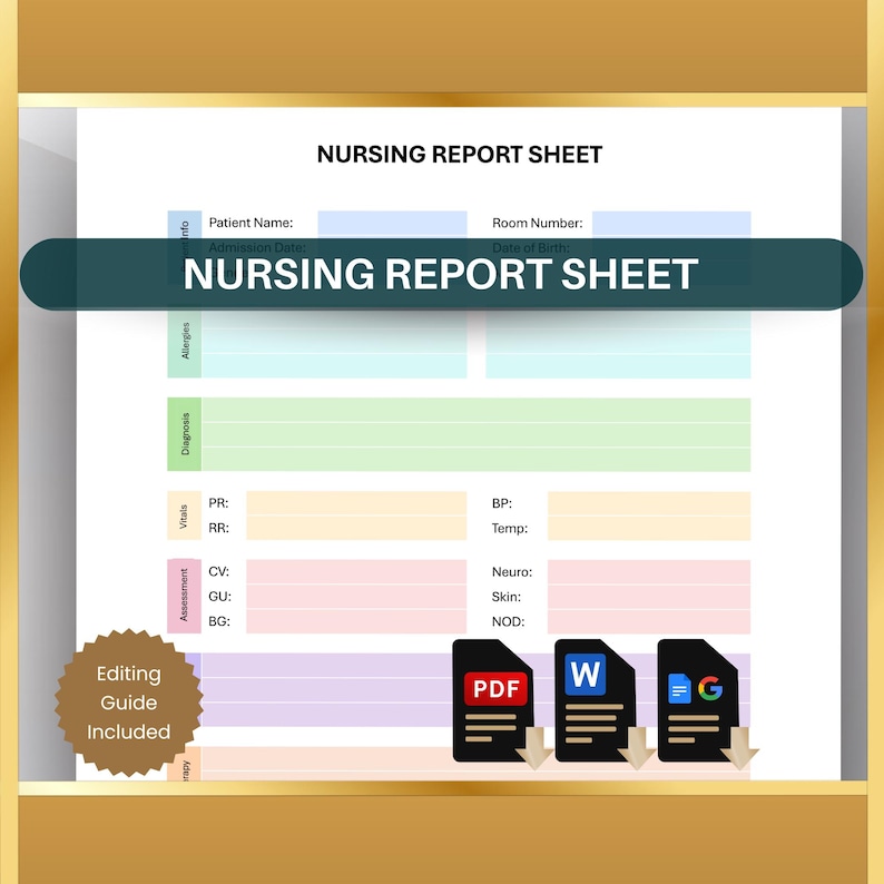 Nursing Brain Sheet Template: Patient Report, Shift Handoff (digital ...