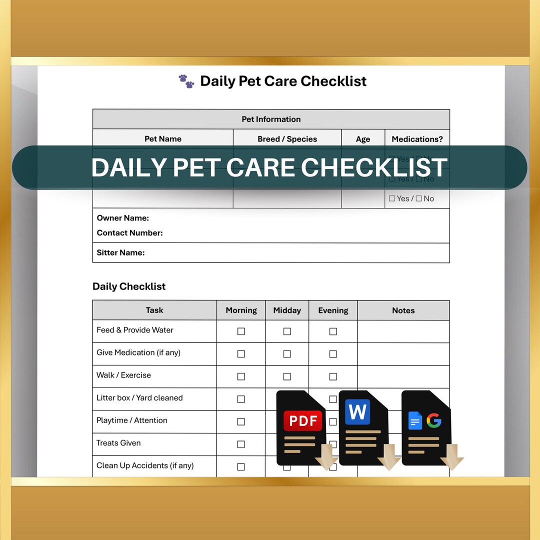 Daily Pet Care Checklist | Pet Sitter Daily Report | Dog & Cat Care ...
