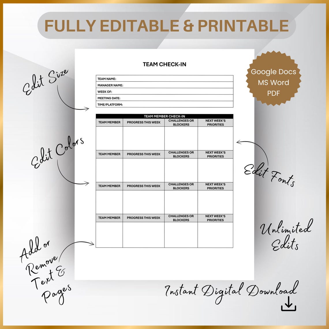 Weekly Team Check-in Template: Meeting Update Form (printable PDF ...
